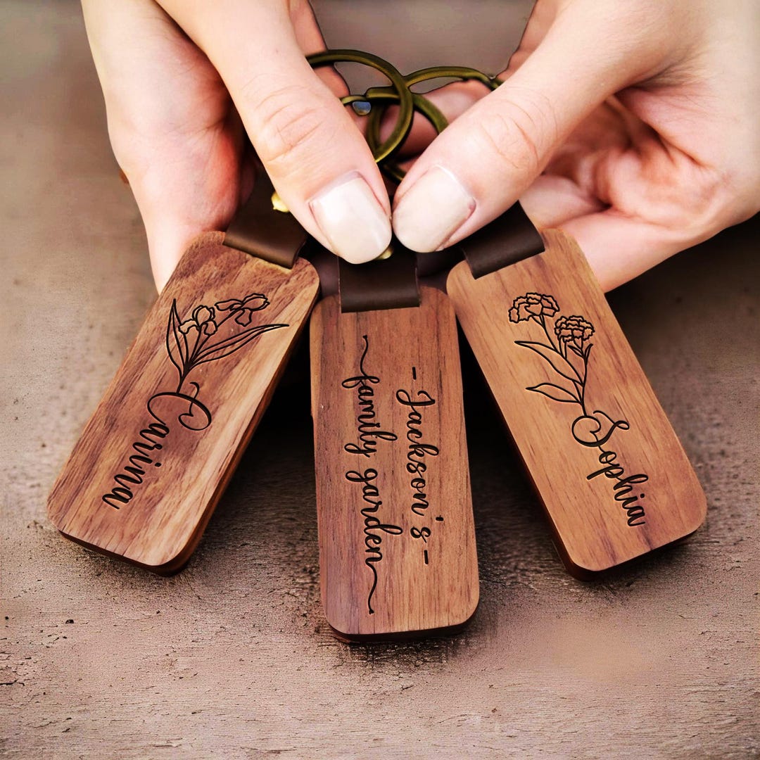 Custom Wooden Name Birth Flower Keychain, Family Garden Personalized ...