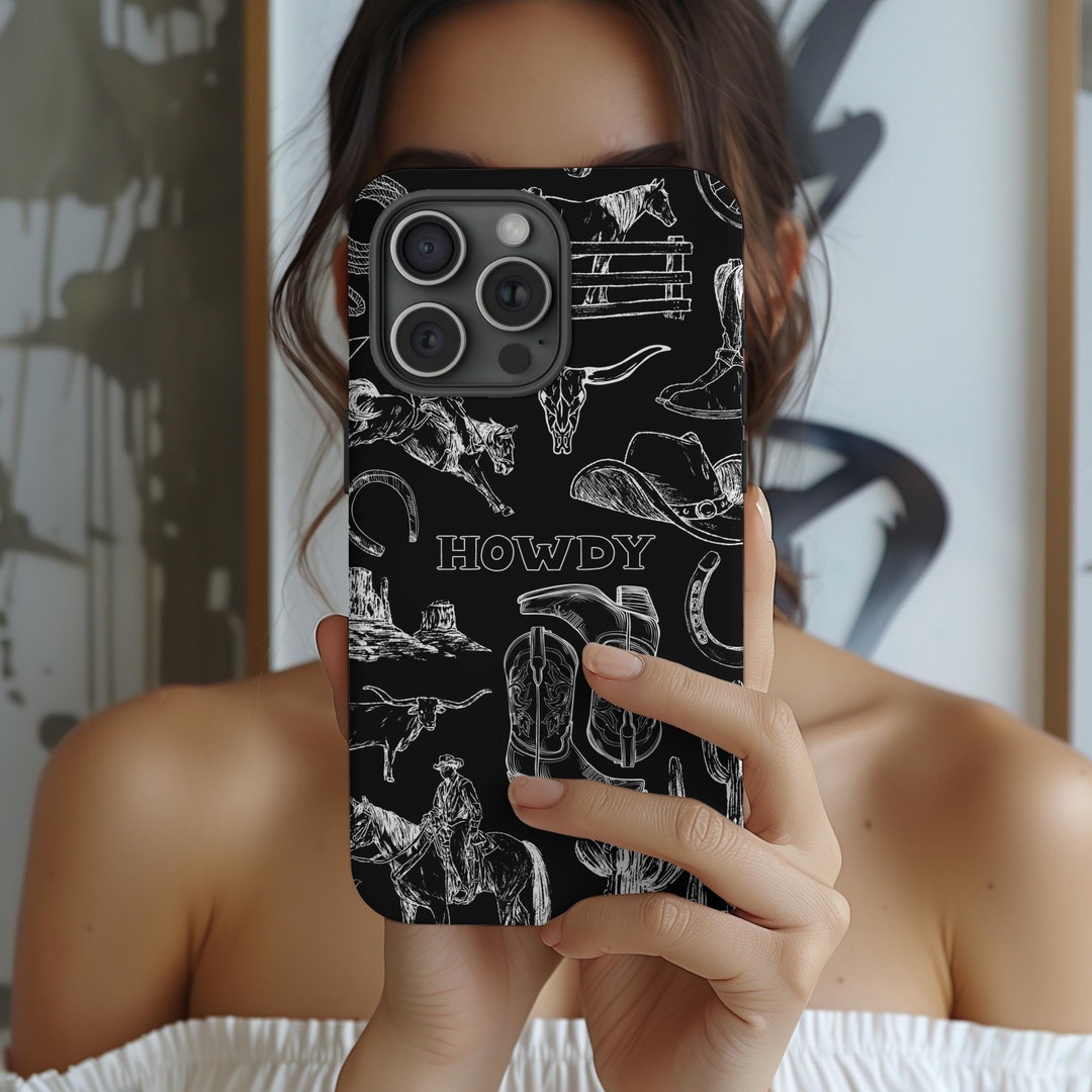 Western Phone Case Collage Howdy Cowboy Black White iPhone 17 16 15 14 ...