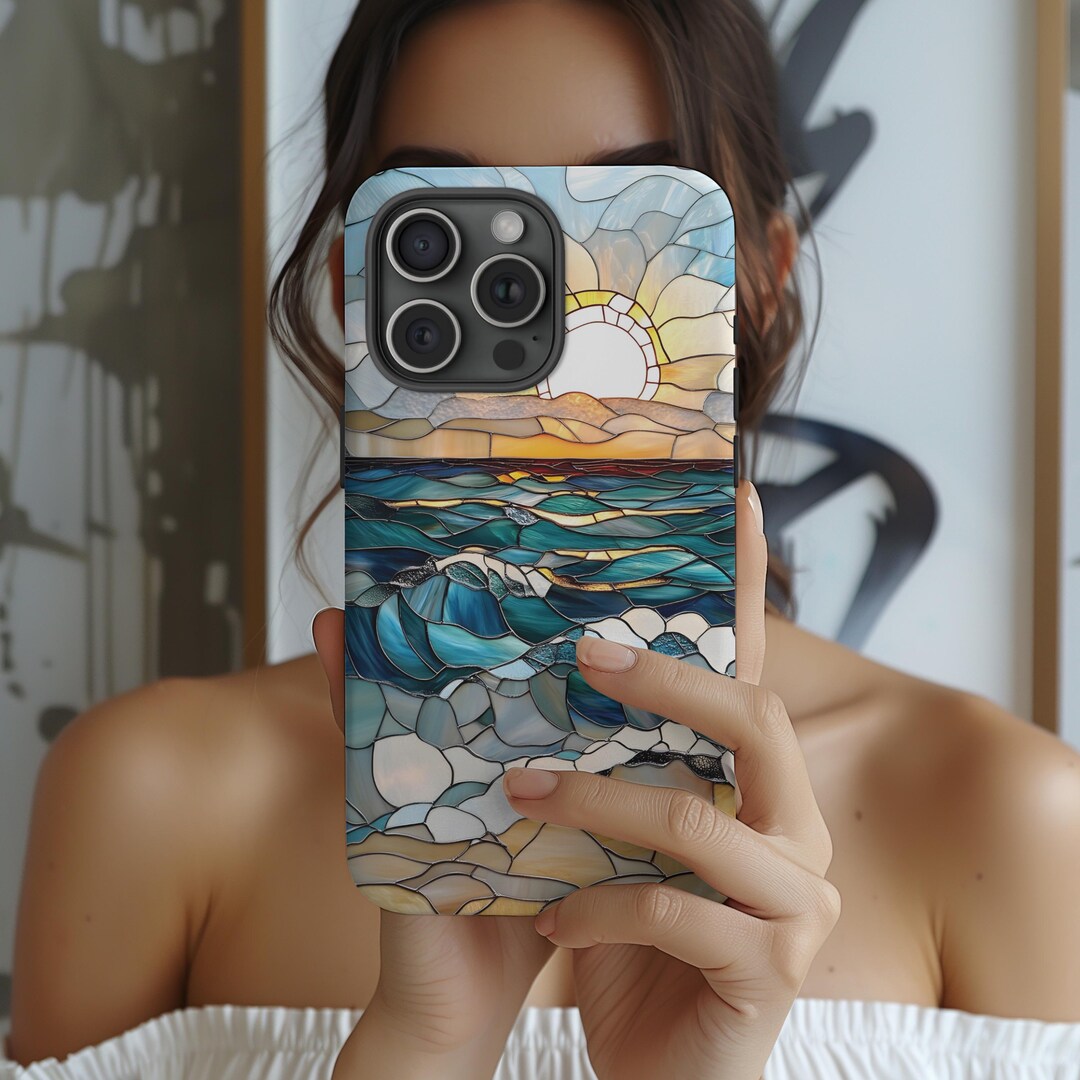 Stained Glass Ocean Sunset Phone Case Beach Mosaic iPhone 17 16 15 14 ...