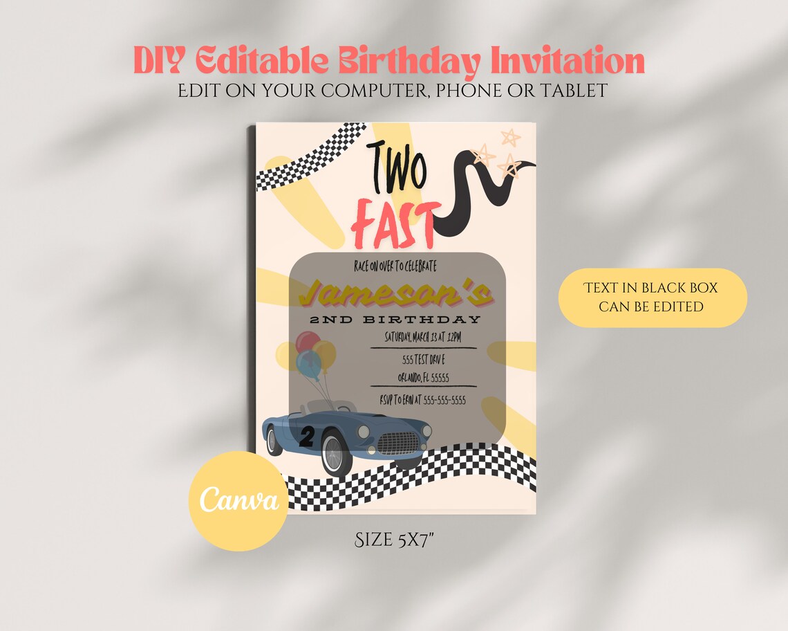 Two Fast Birthday Invitation Template, 2nd Birthday Digital Download ...