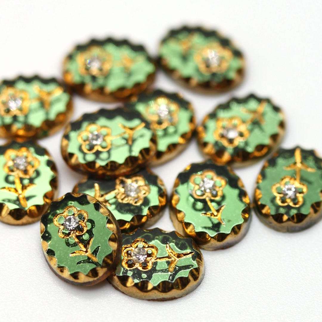 Vintage Glass Cabochon Intaglio Flower Chaton Peridot Green Gold 10x8mm ...