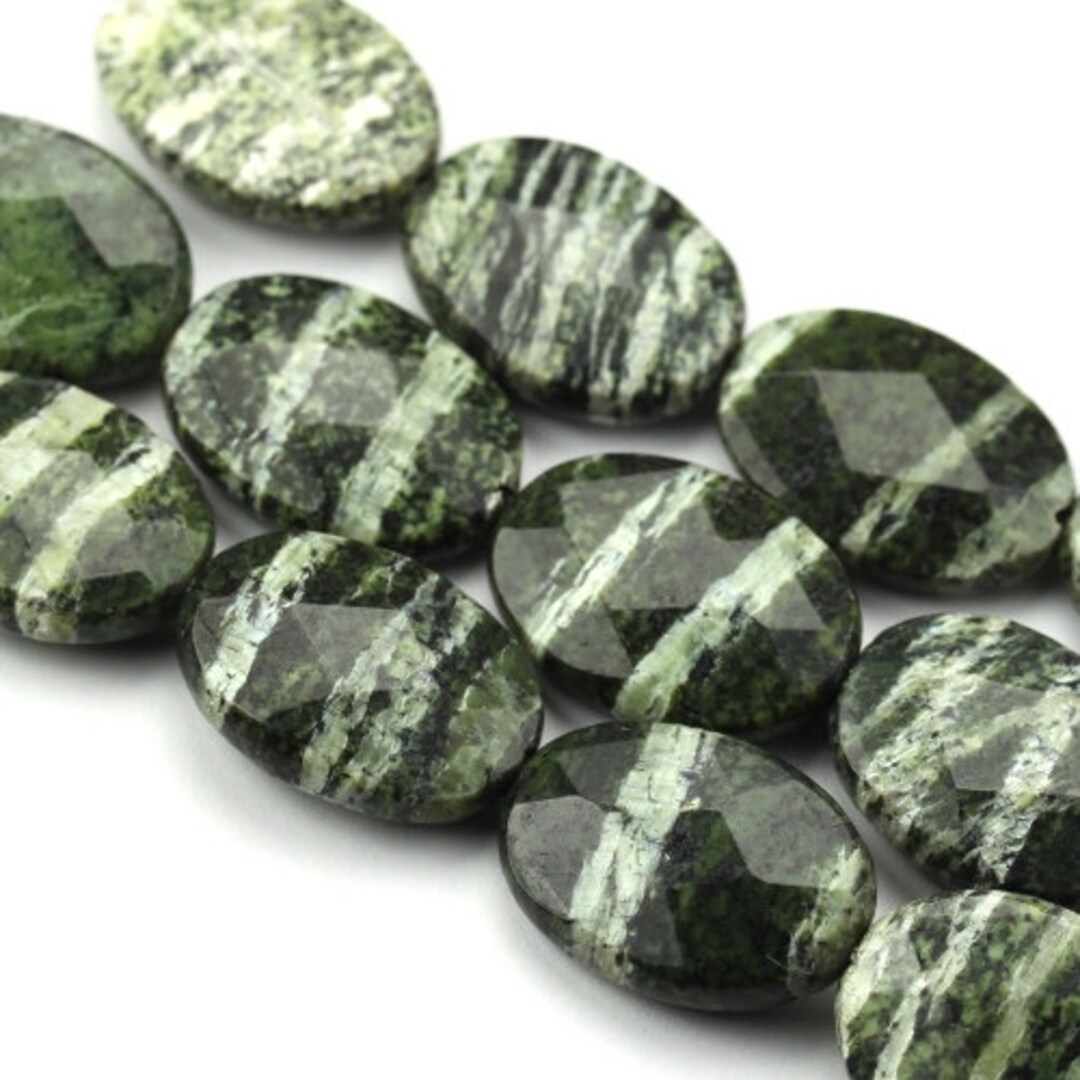 Beads Gemstone Green Silver Line Jasper 18x13mm Faceted Oval 3.5 Inch ...