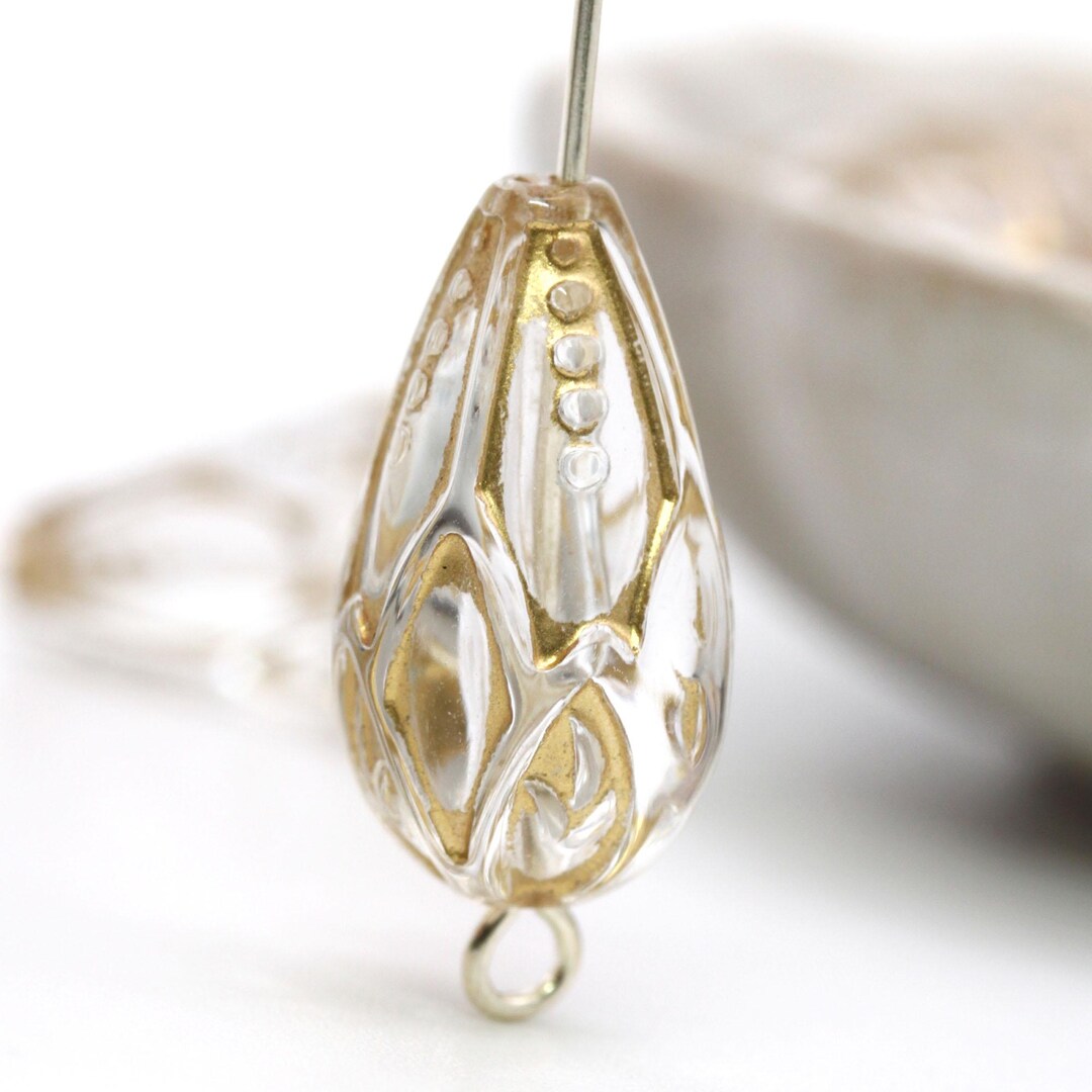 Etched Crystal Gold Acrylic Drop Beads Teardrop Ornate 21mm Carved ...