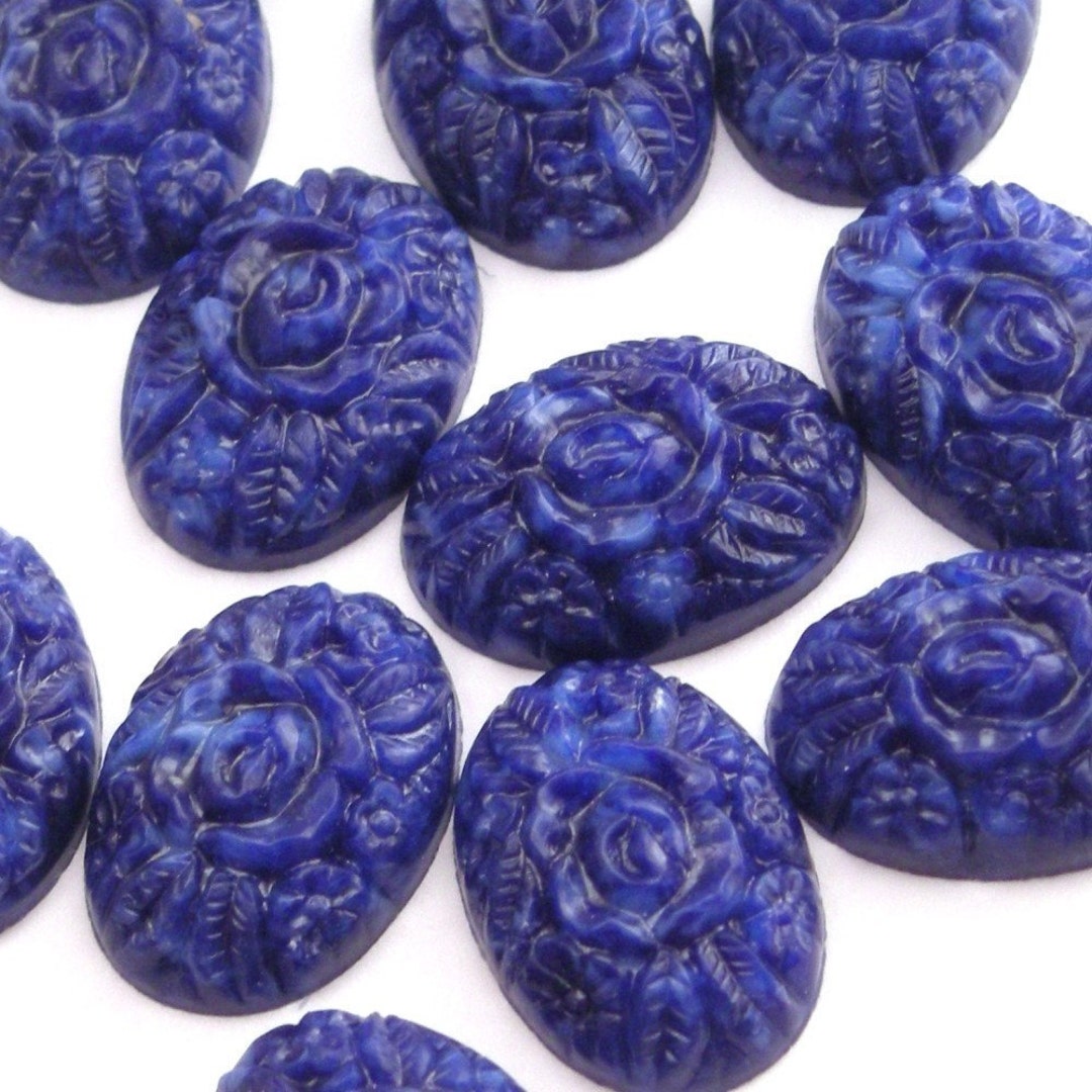 Vintage 14x10mm Plastic Molded Floral Cabochons Navy Blue Mottled Flat ...