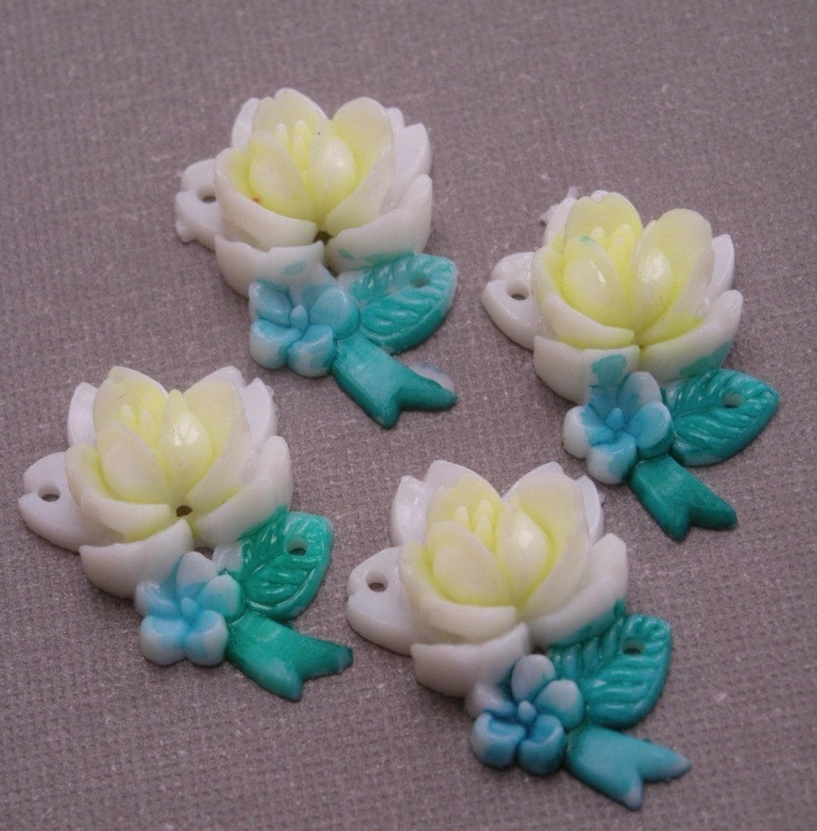 Vintage Japan Plastic Rose With Stem Cabochons Yellow Green Painted ...