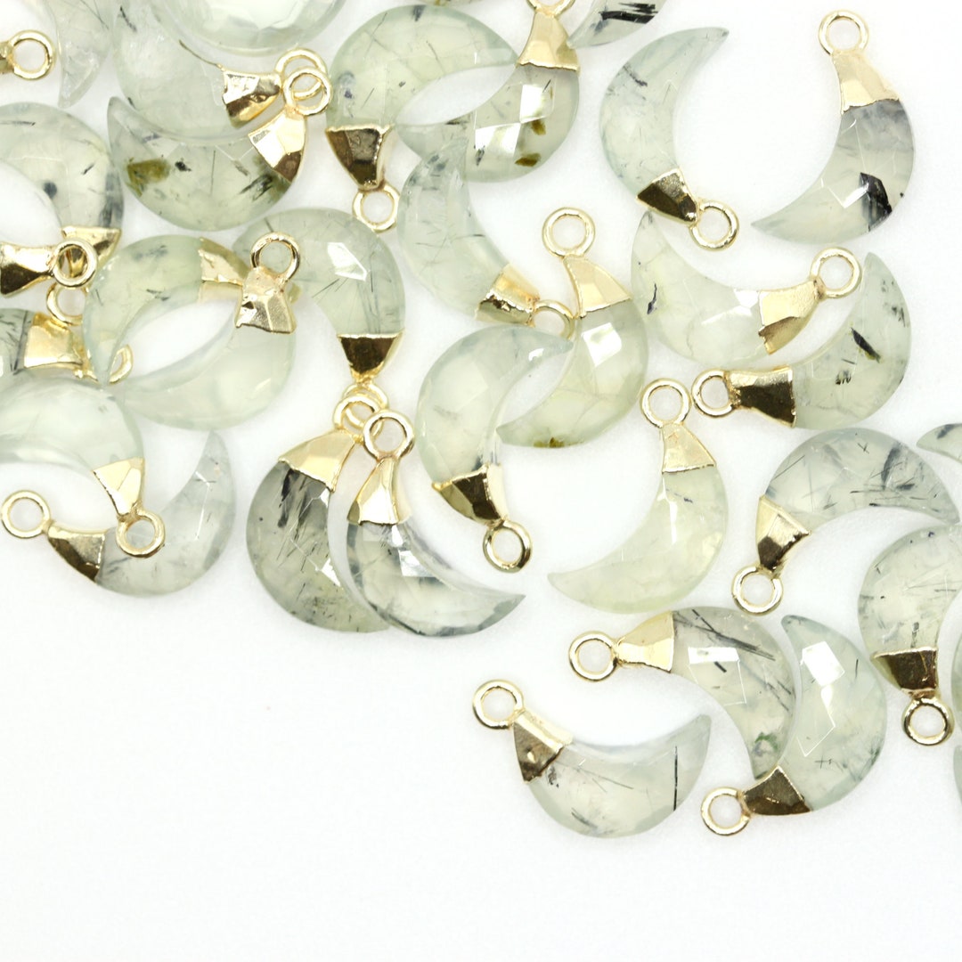 Gemstone Crescent Moon Charm Pendant Tiny Faceted Gold Plated Prehnite ...