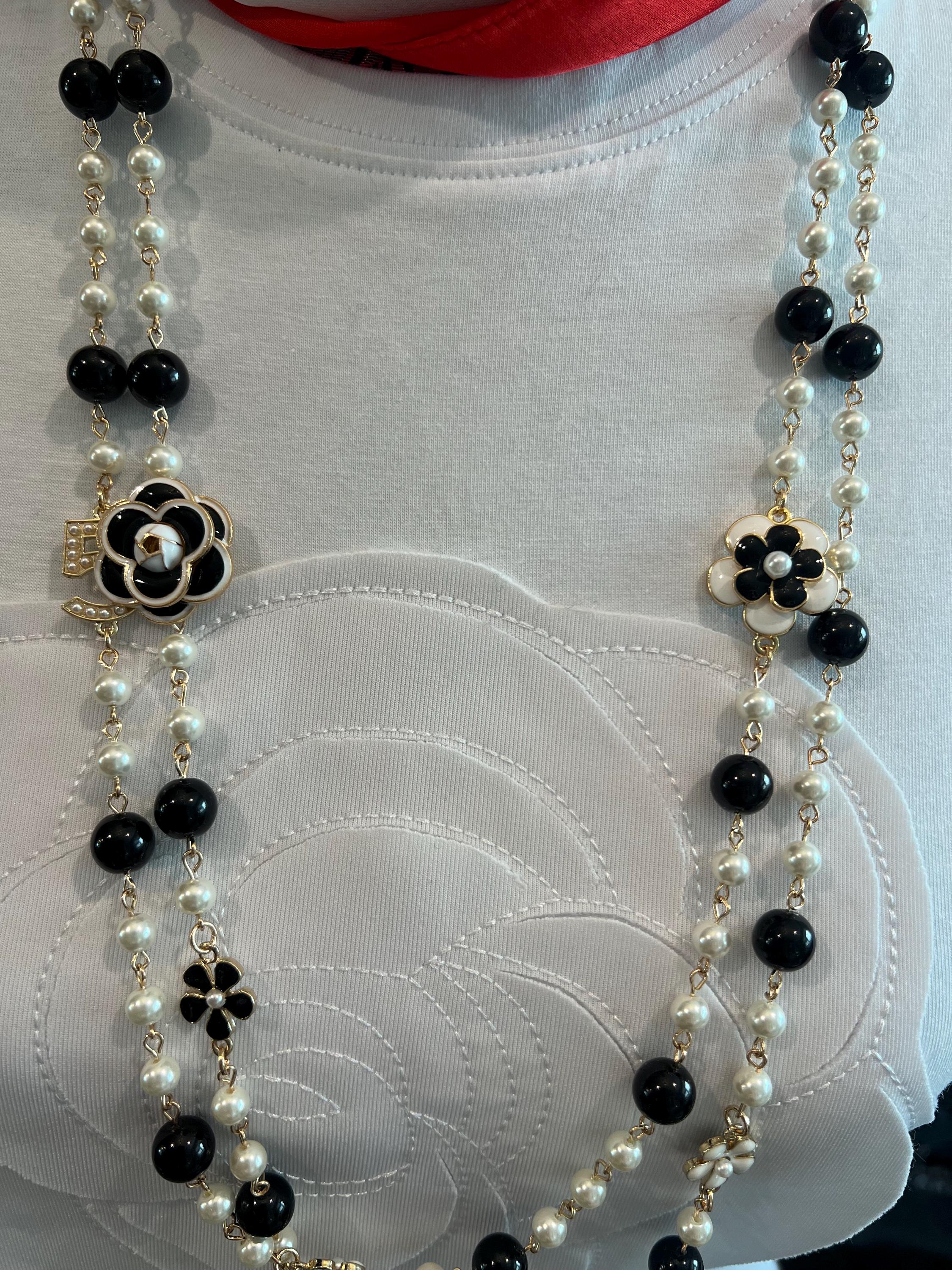 Long Double Stranded Black & White Camellia Flower Necklace - Statement ...