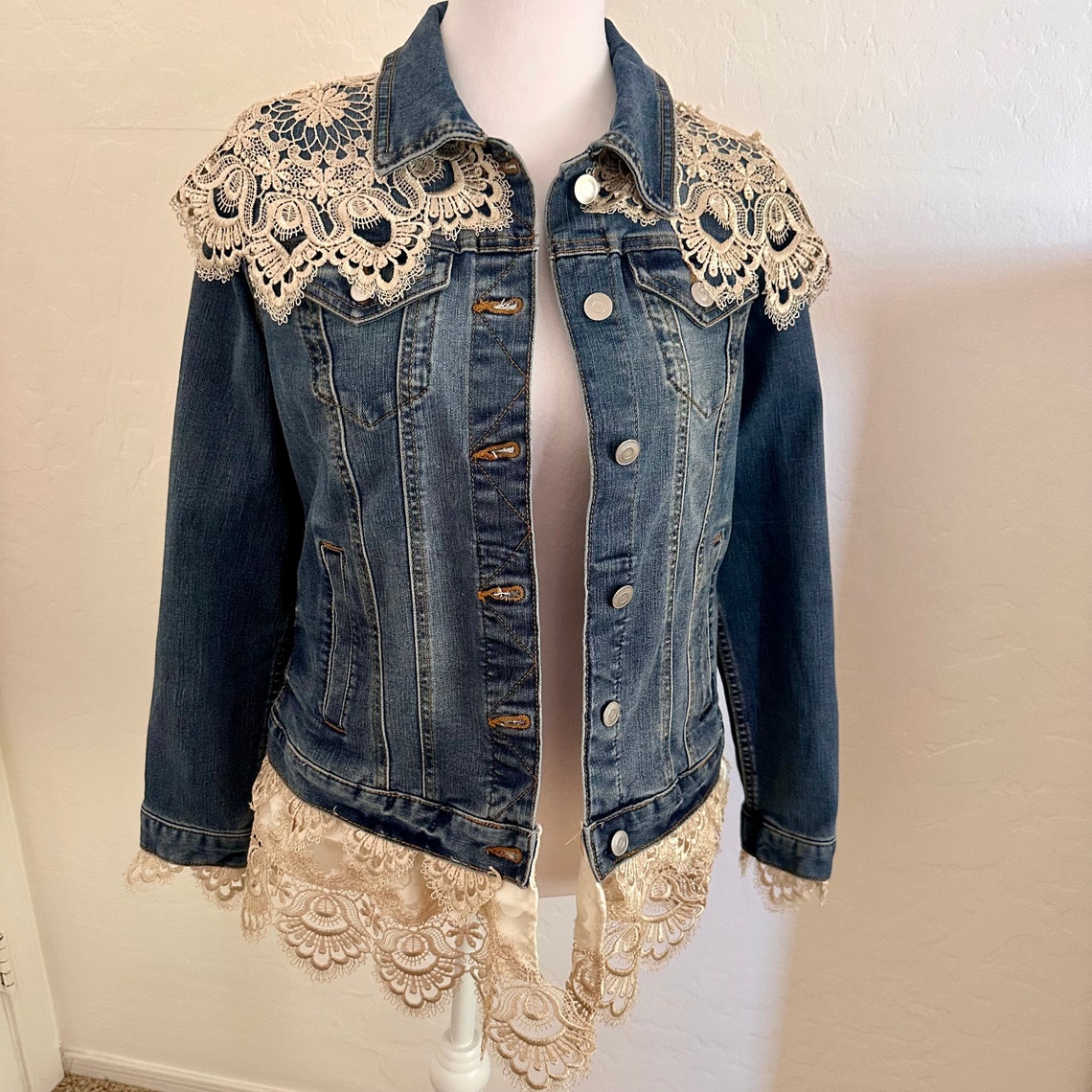 VICTORIAN COWGIRL Reworked Denim Jean Jacket Has Vintage Trim, Lace and ...