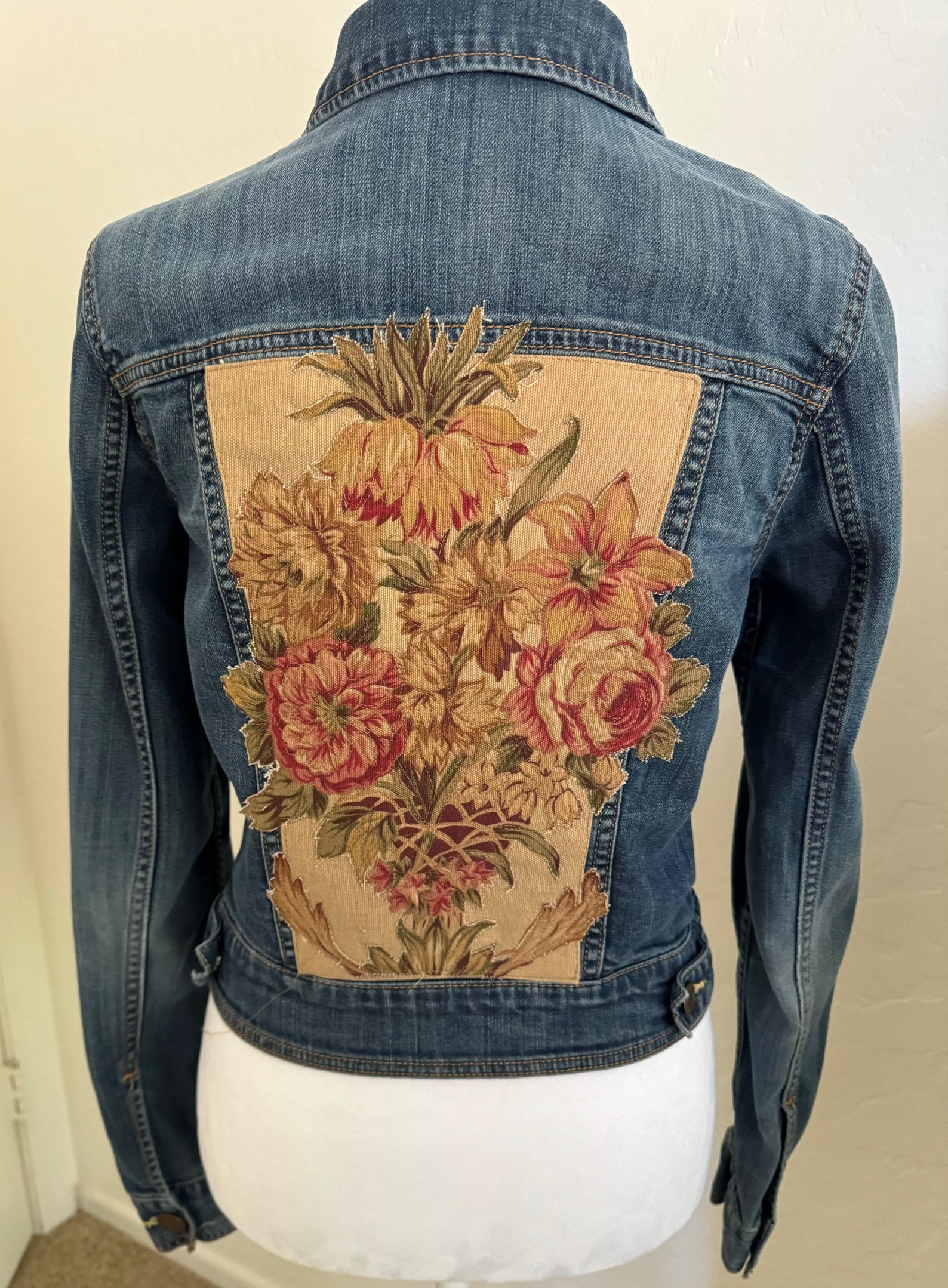 Warm Rose Floral Quilt-like Embellished Back on Reworked AE Denim Jean ...
