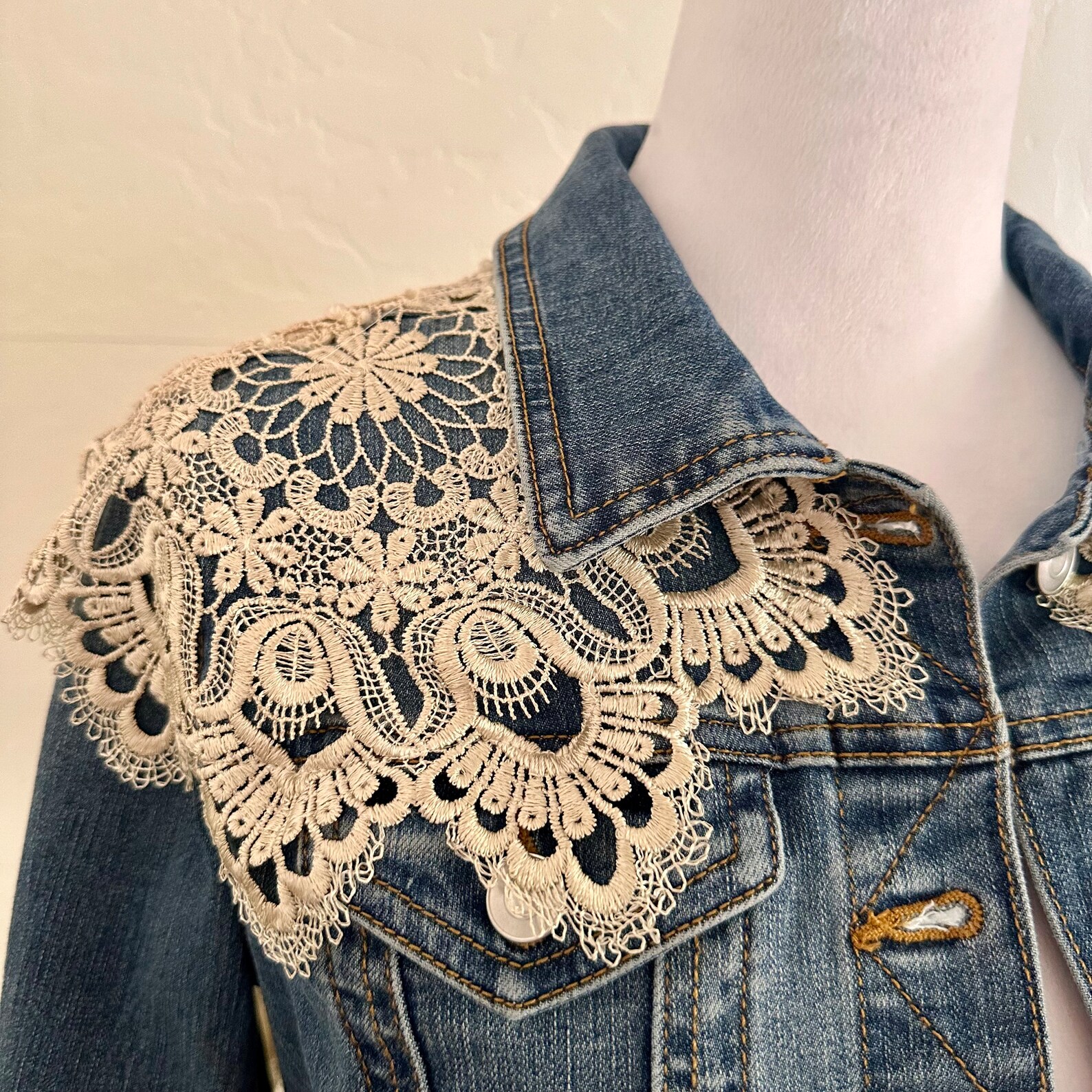 VICTORIAN COWGIRL Reworked Denim Jean Jacket Has Vintage Trim, Lace and ...