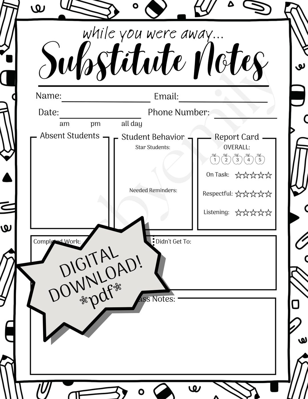 Substitute Teacher Notes - Sub Teacher, While You Were Away - *digital ...