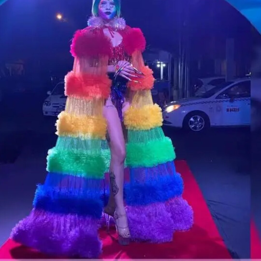 Tulle Rainbow Cape,long Tulle Ruffled Cloak,burlesque Boa,plus Size ...