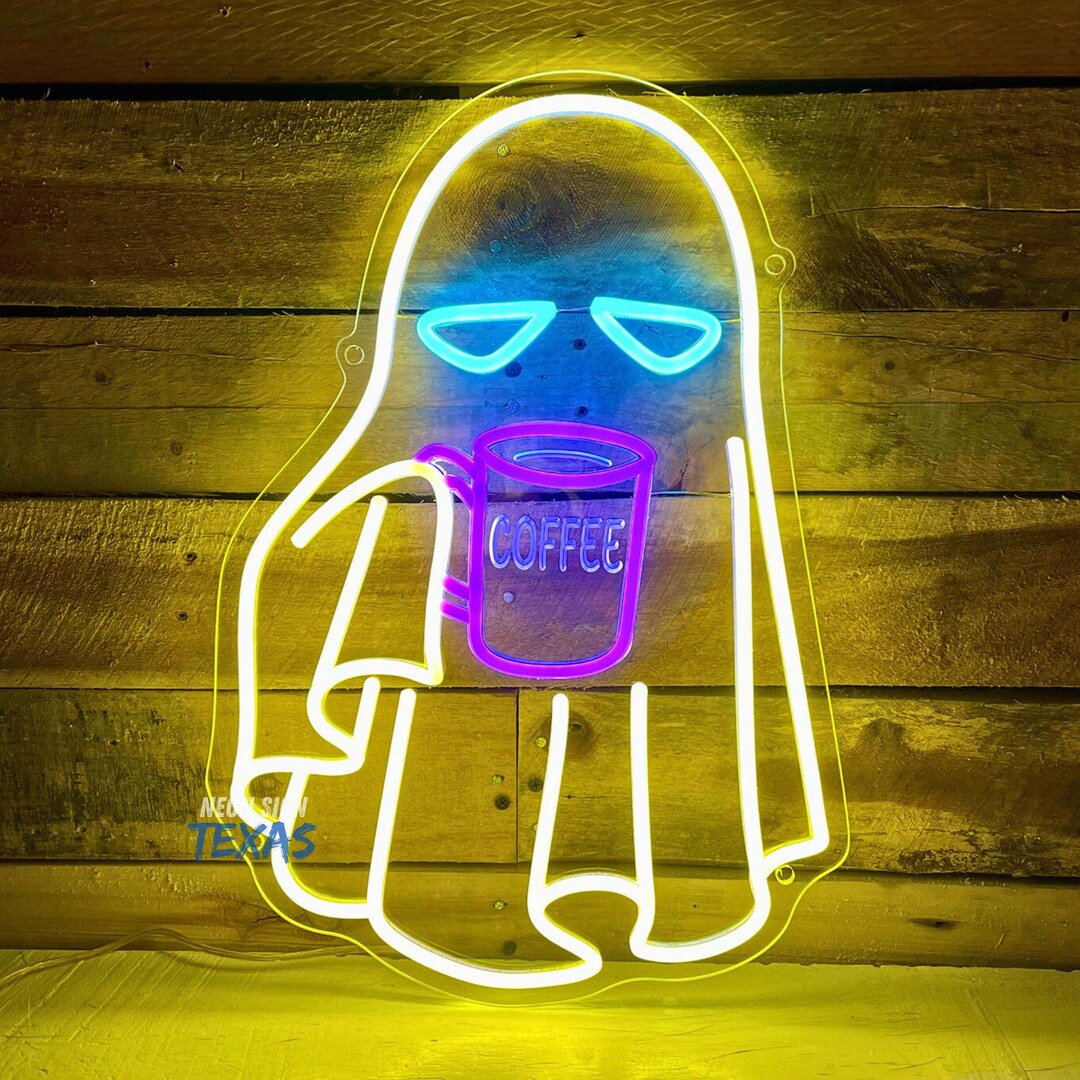 Letrero de neón de Ghost Coffee, letrero LED de fantasma bebiendo café ...