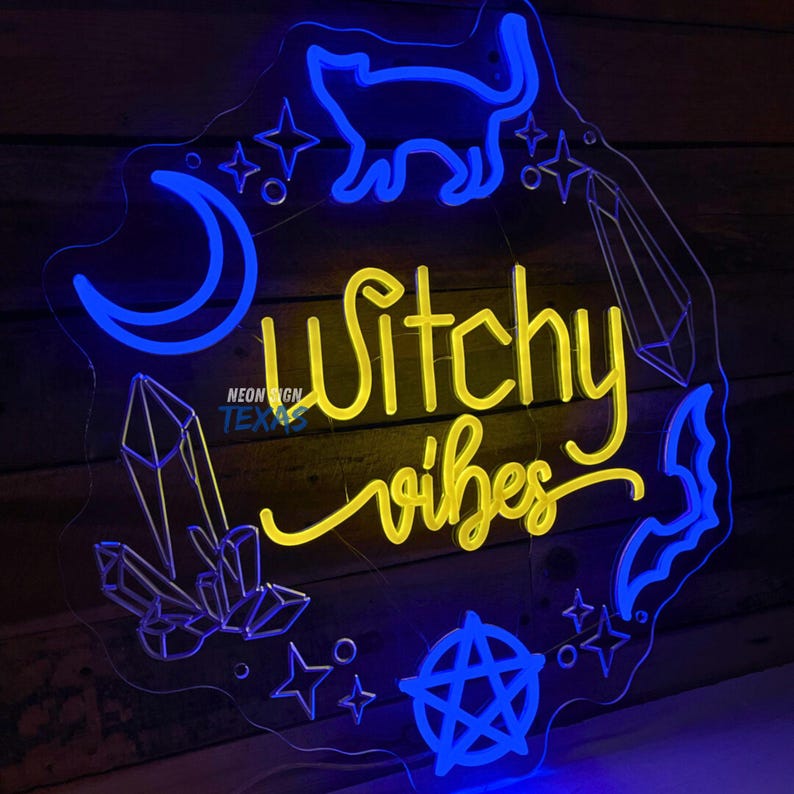 Witchy Vibes Neon Sign Cat Moon Stone Pentagram Bat Neon Light Tarot ...