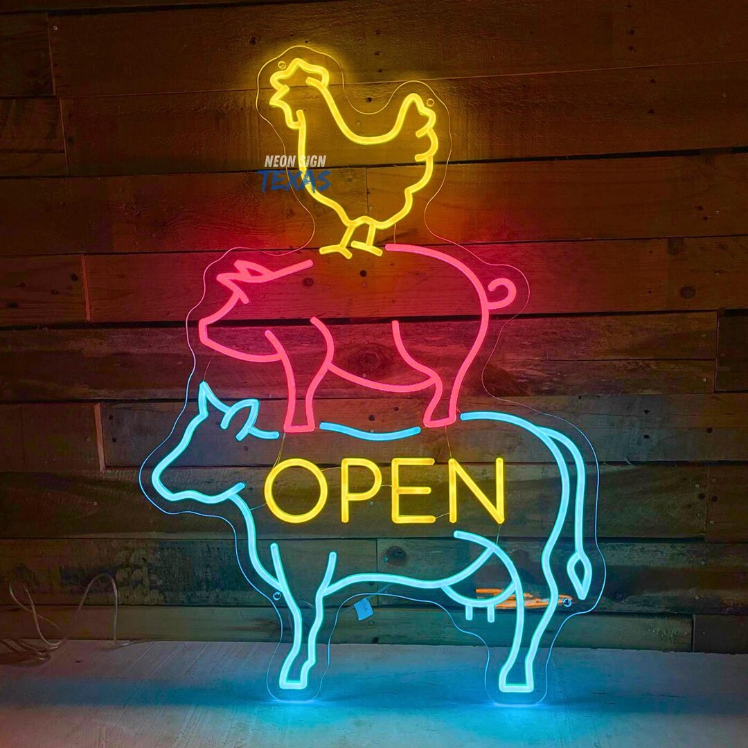 Open Butcher Sign Chicken Pig Cow Neon Light Farm Animal Neon Sign Barn ...