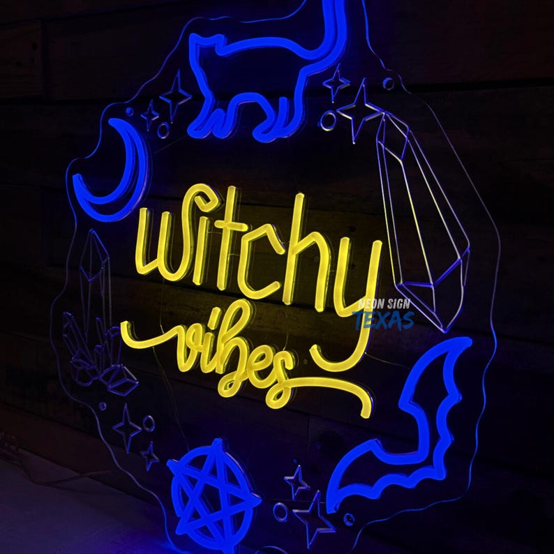 Witchy Vibes Neon Sign Cat Moon Stone Pentagram Bat Neon Light Tarot ...