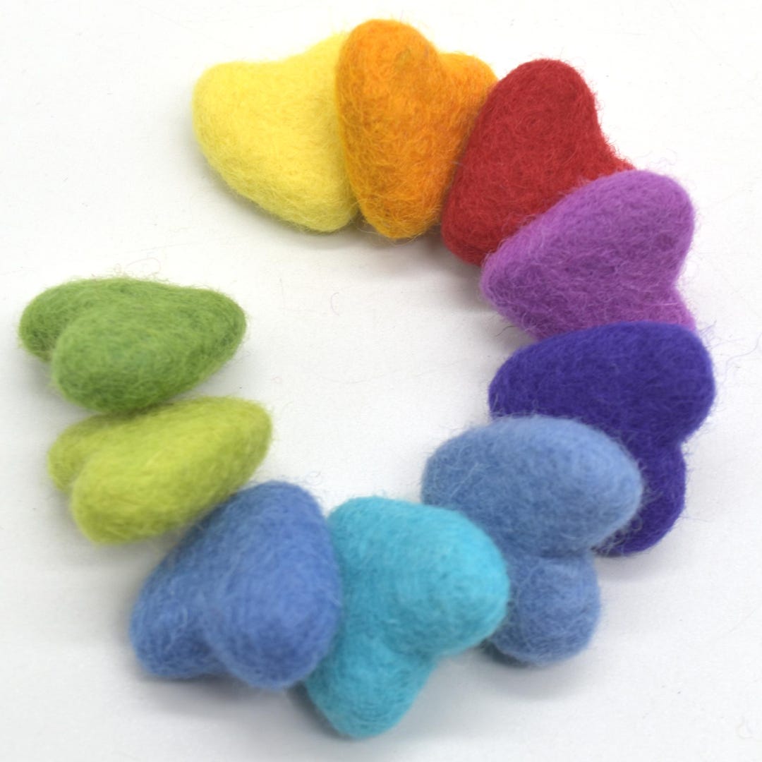 Assorted 100% Wool Felt Hearts - Approx 3cm - Rainbow Colours - 10 ...