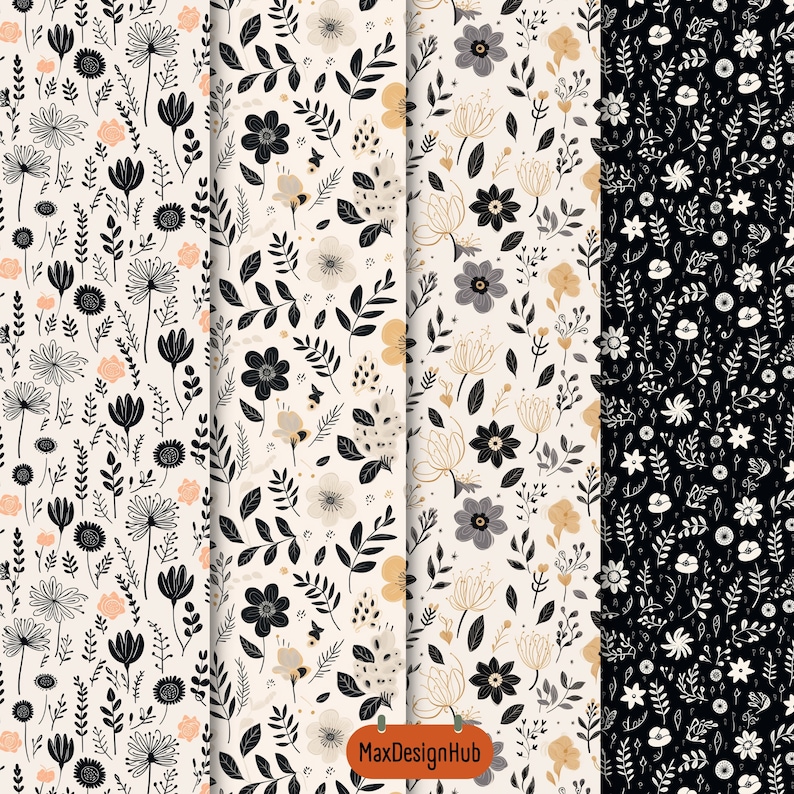Black & White Doodle Floral Paper: Seamless Scrapbook Patterns (digital ...