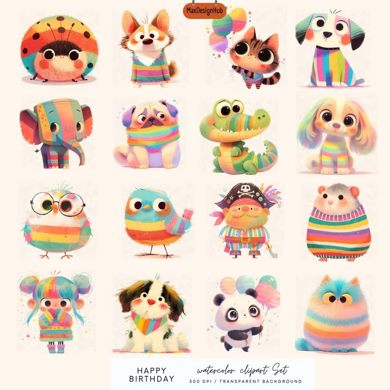 Happy Birthday Watercolor Clipart: Party Animals (PNG Download) - Etsy
