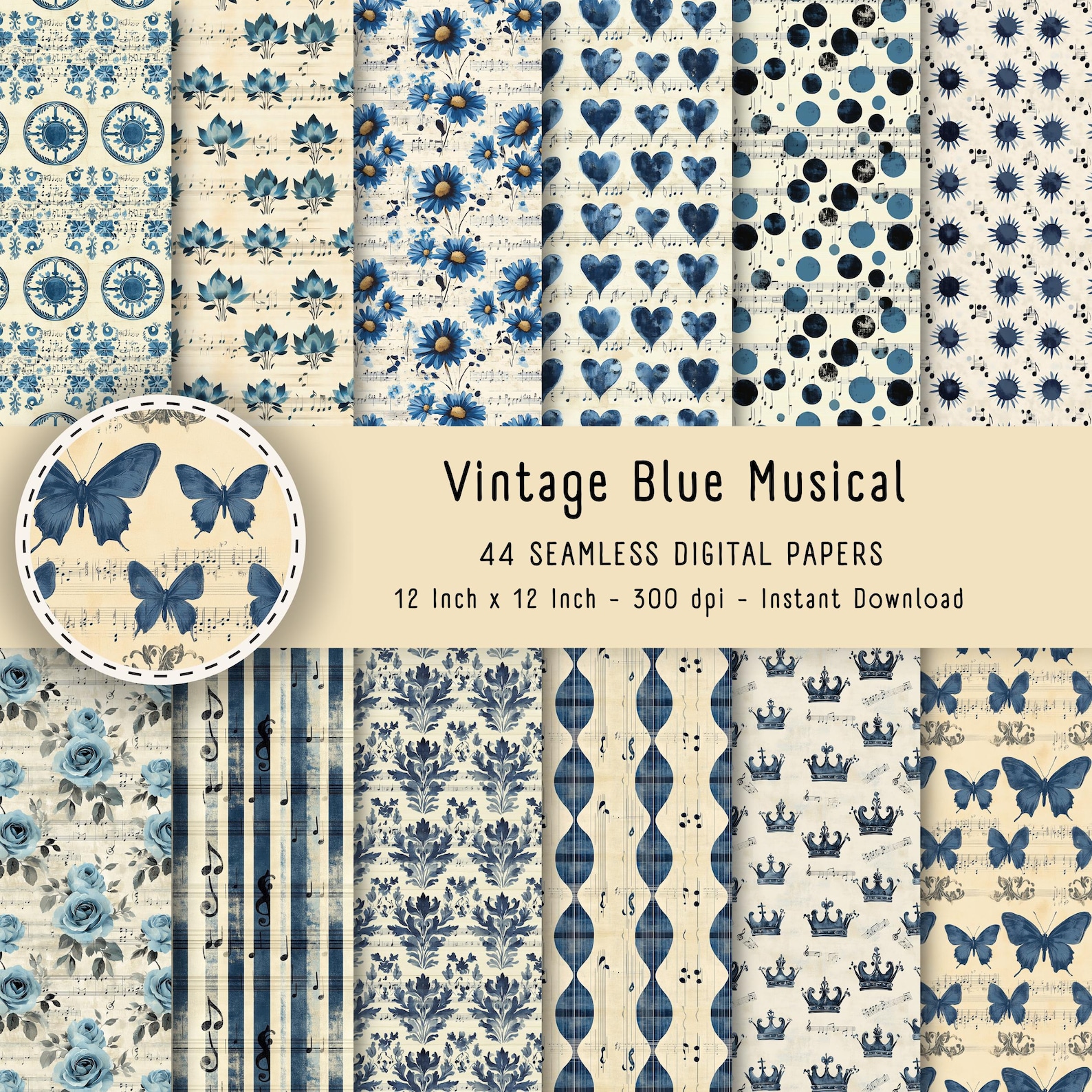 Blue Vintage Musical Paper: 44 Seamless Textures (digital Download) - Etsy