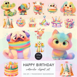 Happy Birthday Watercolor Clipart: Party Animals (PNG Download) - Etsy