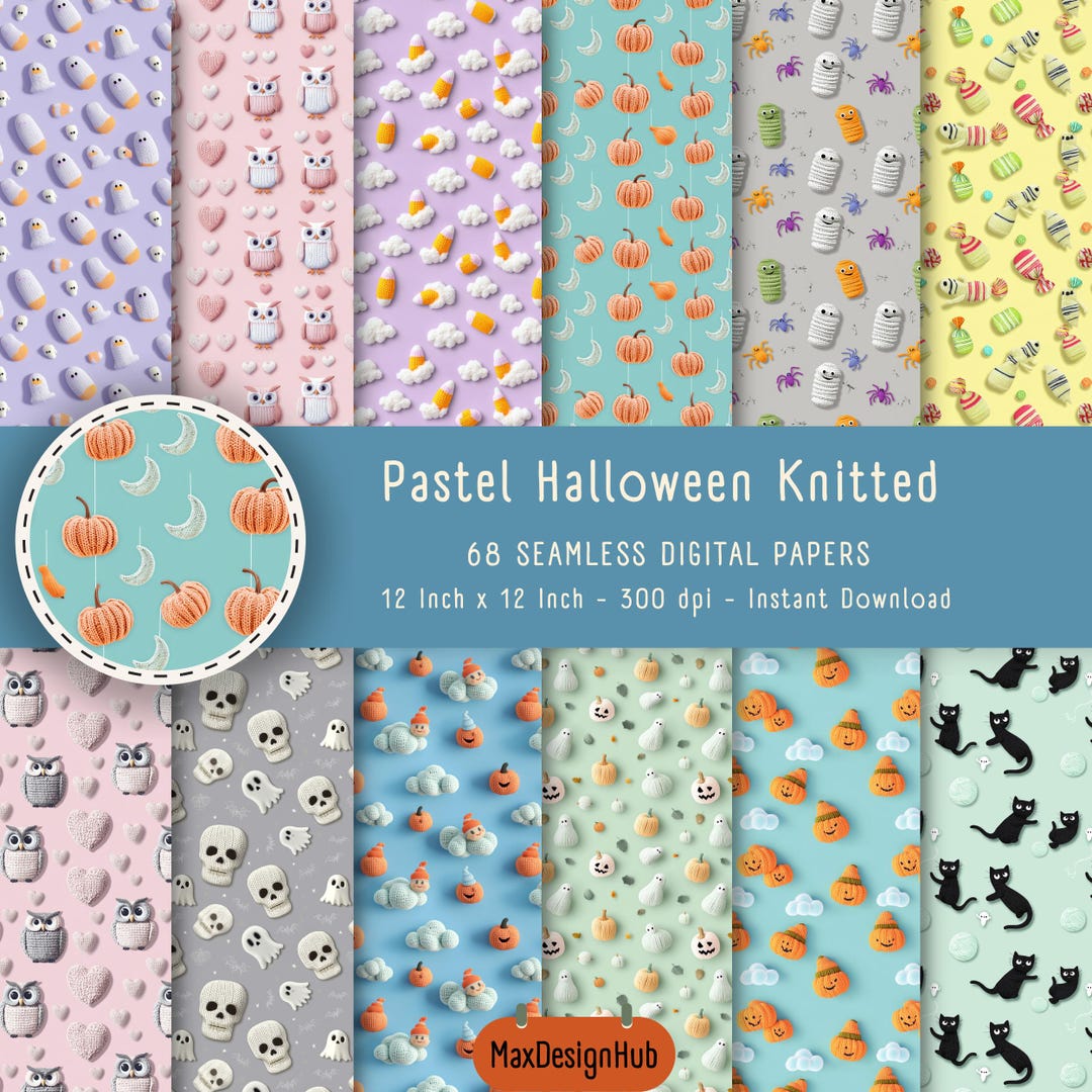 Pastel Halloween Knitted Digital Paper: 68 Seamless Backgrounds ...
