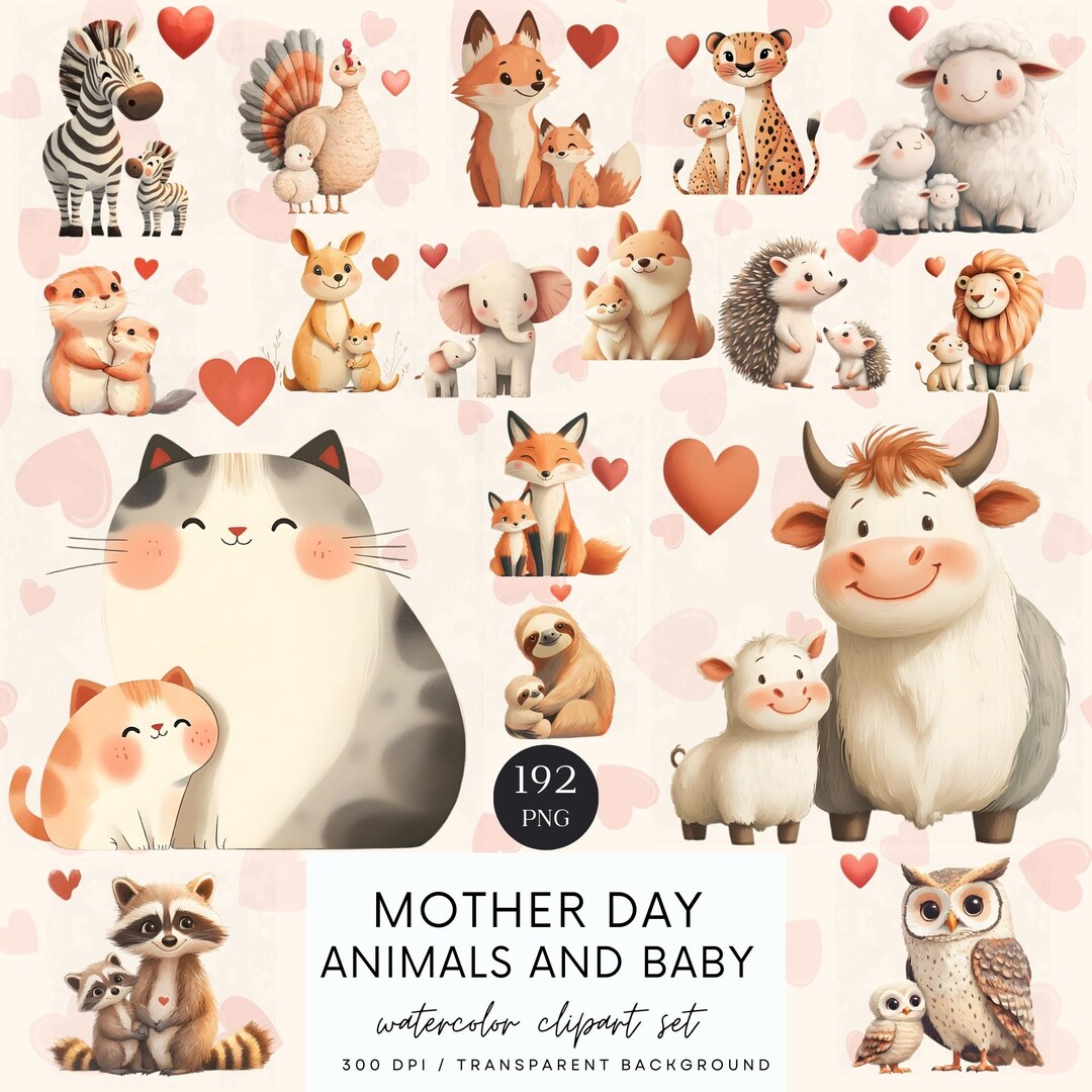Mother's Day Animal Clipart: Mom and Baby PNG (digital Download) - Etsy