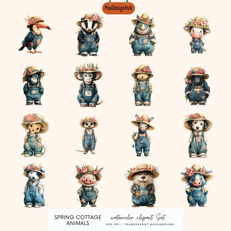 Spring Cottage Animals Clipart: Watercolor PNG Images (digital Download ...