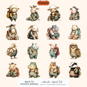 Back to School Animals Clipart: Watercolor PNG Set (digital Download ...