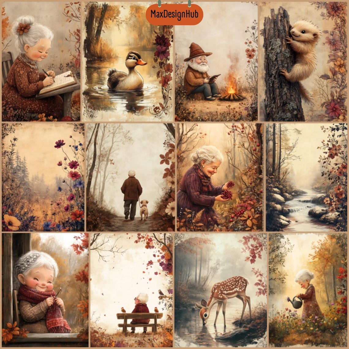 Woodland Elderly Junk Journal Pages: Cartoon Old Lady & Grandpa ...