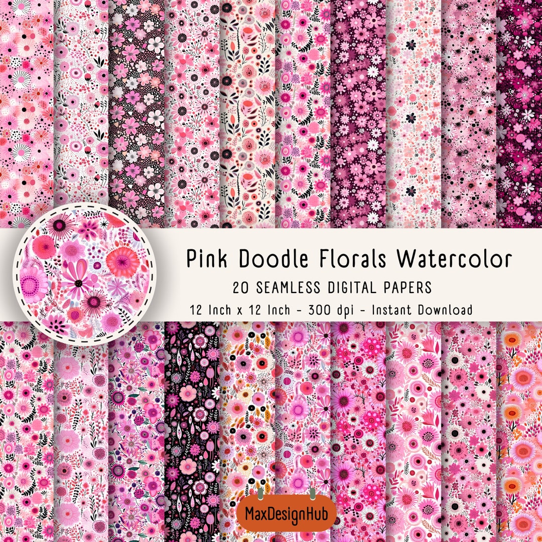 20 Pink Doodle Florals Printable Paper, Seamless Florals Pattern ...
