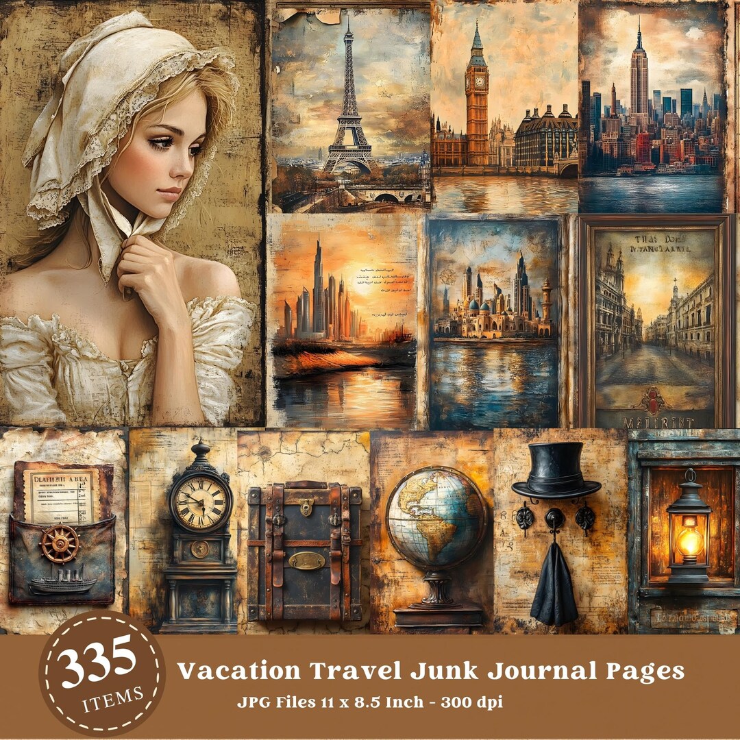 Vacation Travel Junk Journal Printable Pages, Antique Suitcase ...