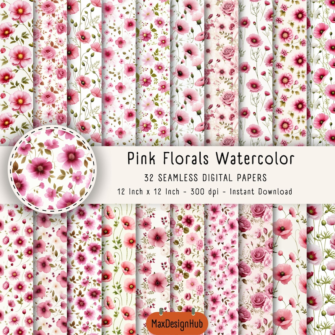Pink Floral Watercolor Printable Seamless Paper, Shabby Chic, Floral ...