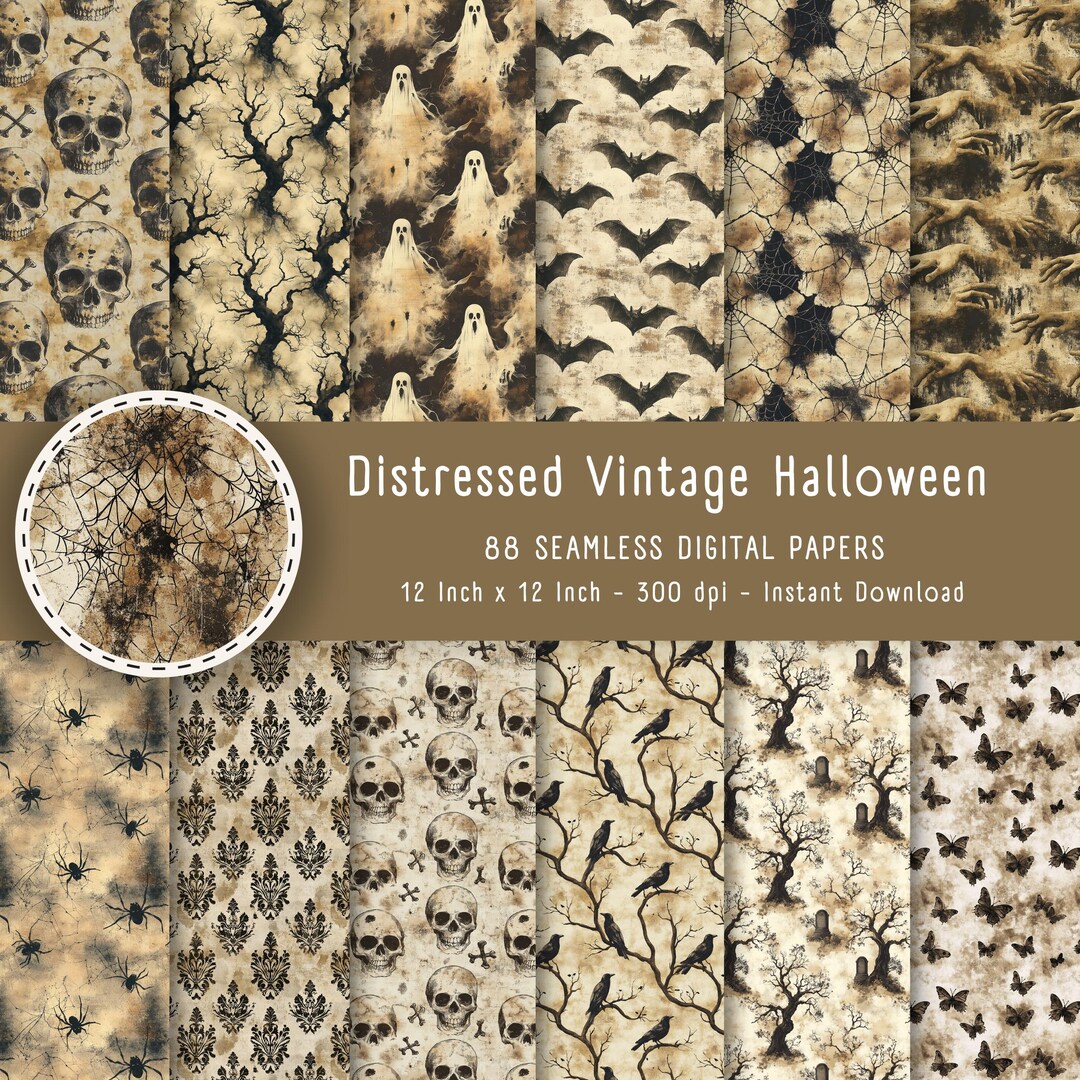 Distressed Halloween Digital Paper, Skull Damask, Old Paper Background ...