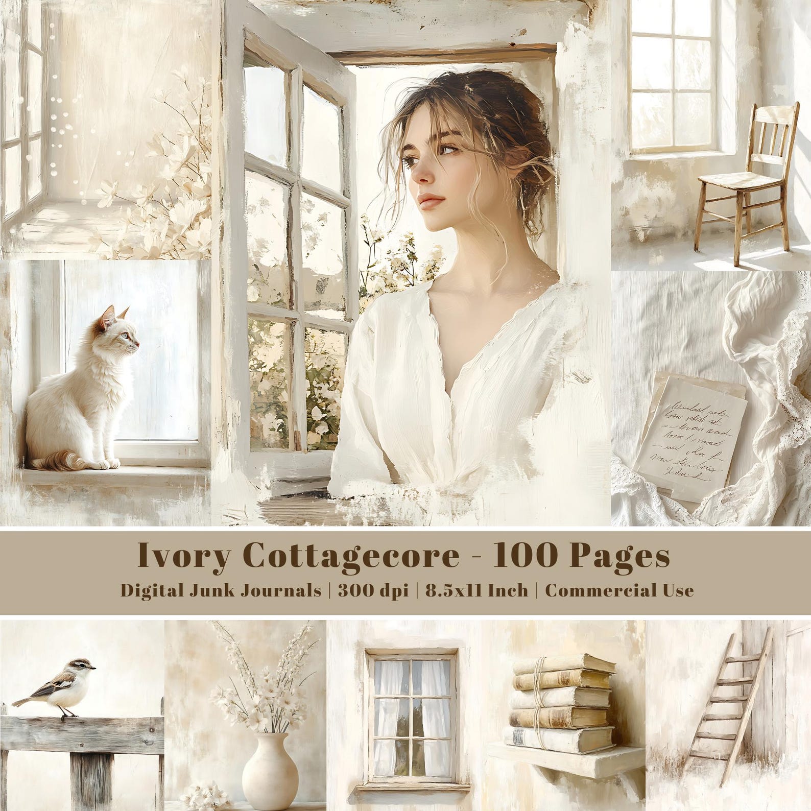 Ivory Cottagecore Junk Journal Pages, Neutral Vintage Farmhouse, Soft ...
