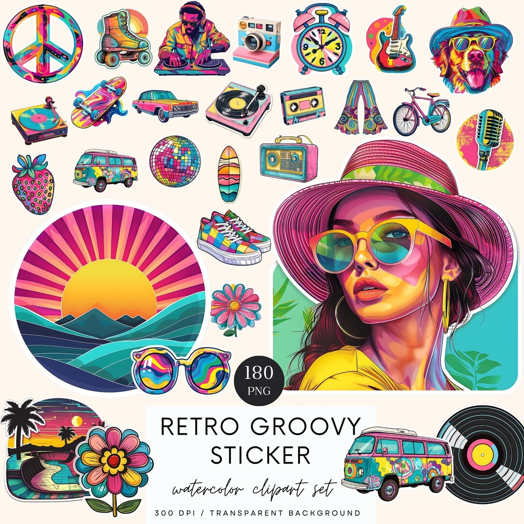 Retro Groovy Clipart, Retro Hippie Graphics, Vintage Retro Sticker ...