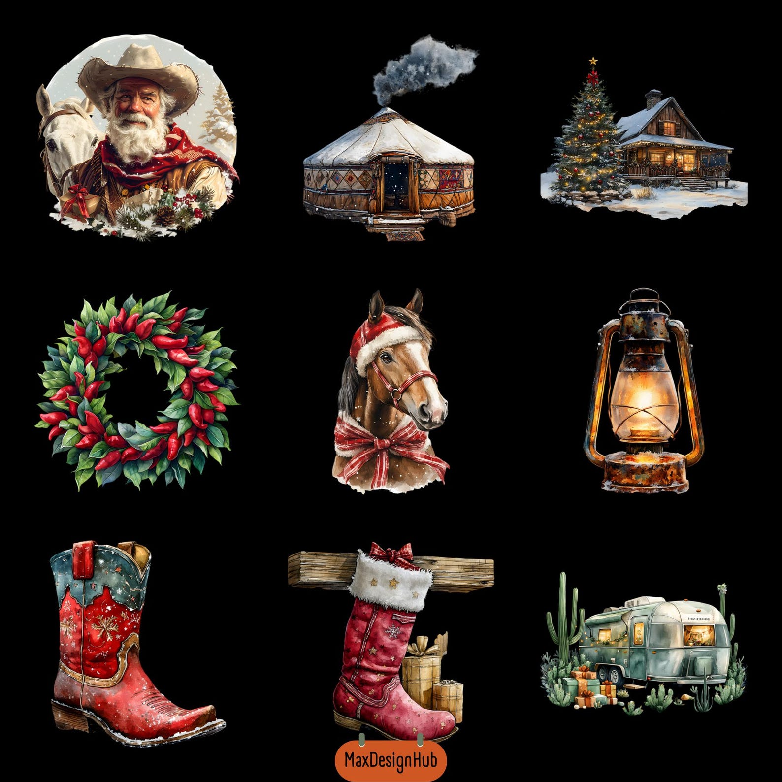 Western Christmas Clipart: Cowboy Santa, Cowgirl, Wild West (digital ...