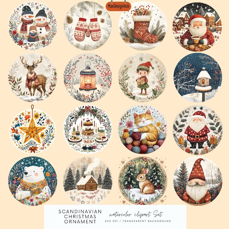 Scandinavian Christmas Ornament Watercolor Clipart: 274 Festive Pngs - Etsy