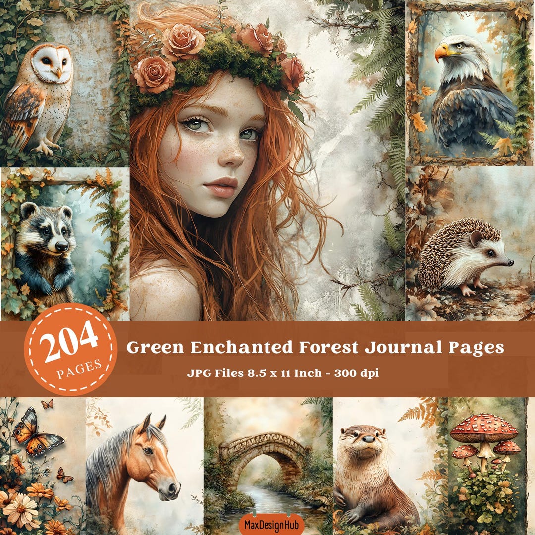 Green Enchanted Forest Junk Journal Pages, Animals Images, Fox, Deer ...