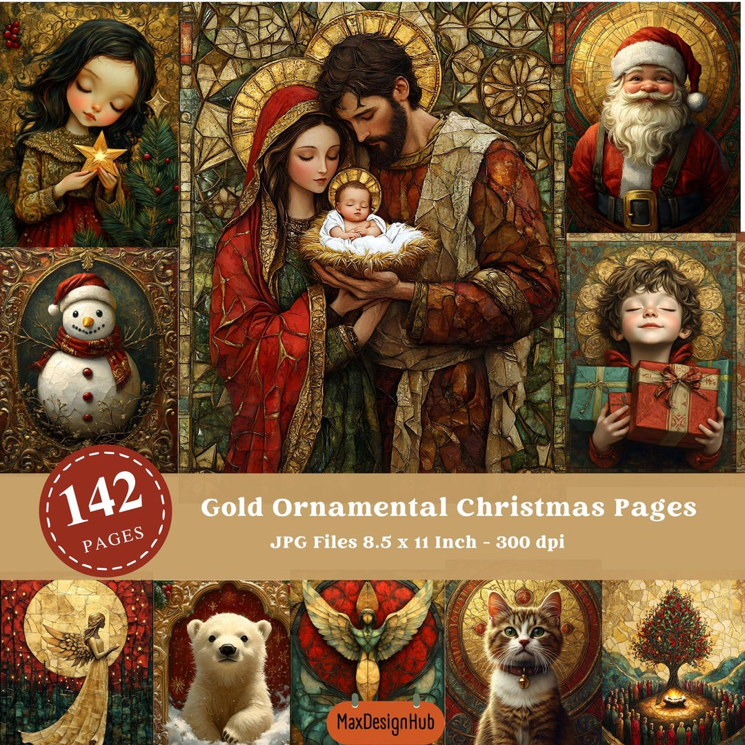 Gold Christmas Junk Journal Paper: Antique Xmas Images (digital ...