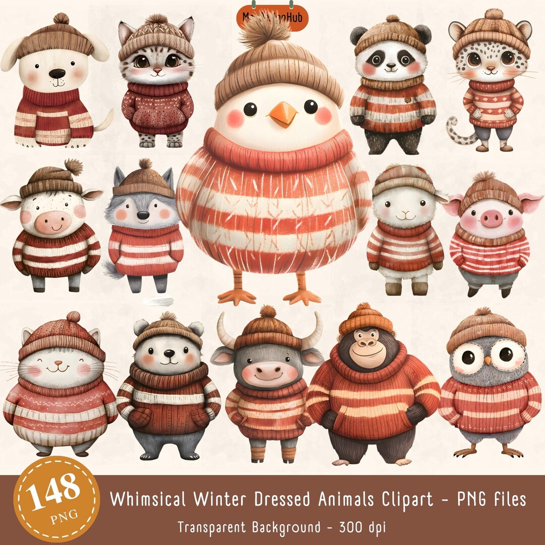 Whimsical Winter Dressed Animals Clipart, Cute Animals PNG, Dressed ...
