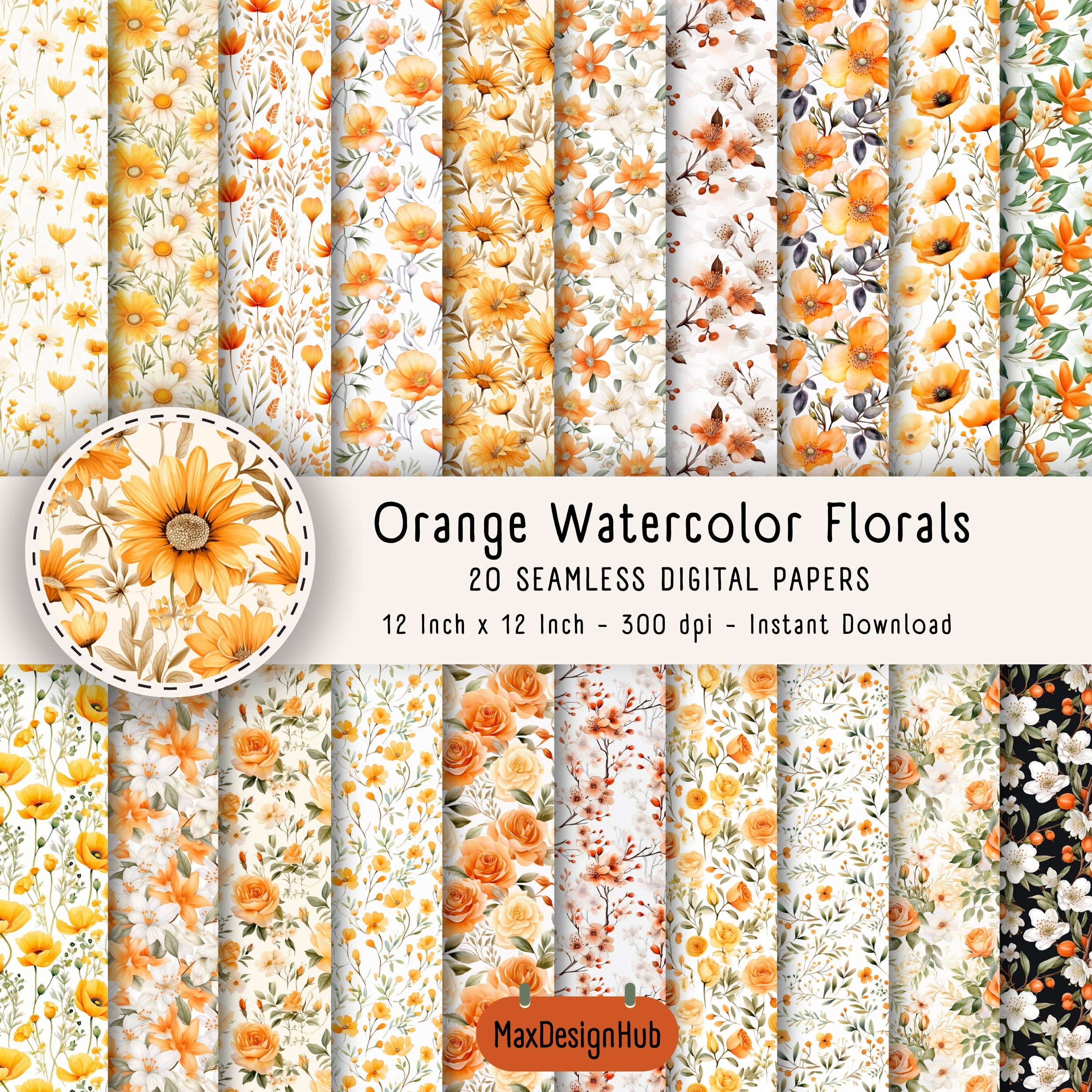 20 Orange Watercolor Floral Printable Paper Seamless Shabby Chic ...