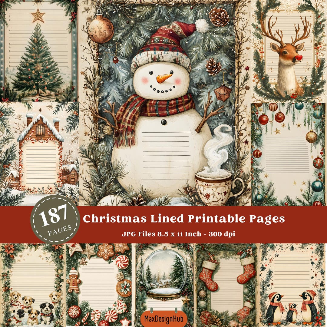 Christmas Lined Printable Junk Journal Page, Holiday Lined Pages ...