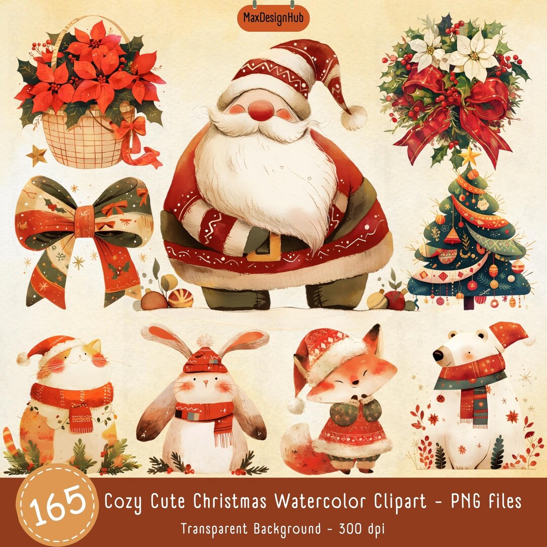 Cozy Cute Christmas Watercolor Clipart , Festive Season, Scrapbook ...