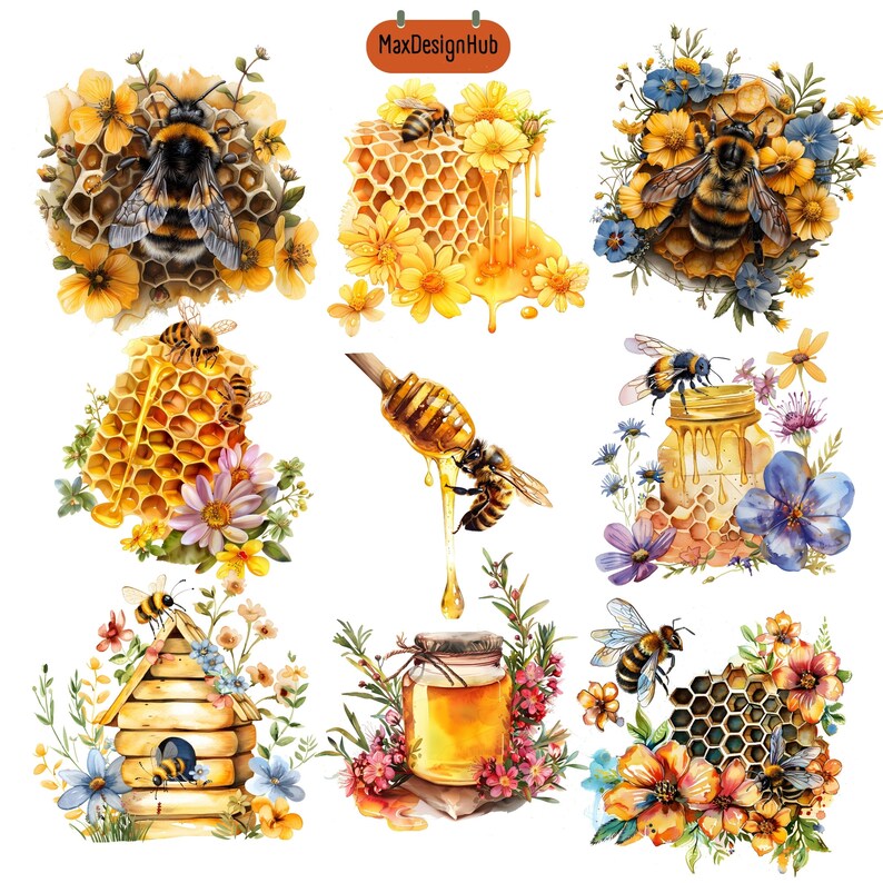 Watercolor Honey Bee Clipart Set: Floral Spring & Summer PNG (digital ...