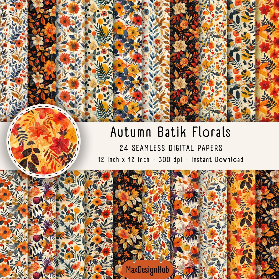 Autumn Batik Floral Digital Paper: 12x12 Scrapbook Patterns (digital ...