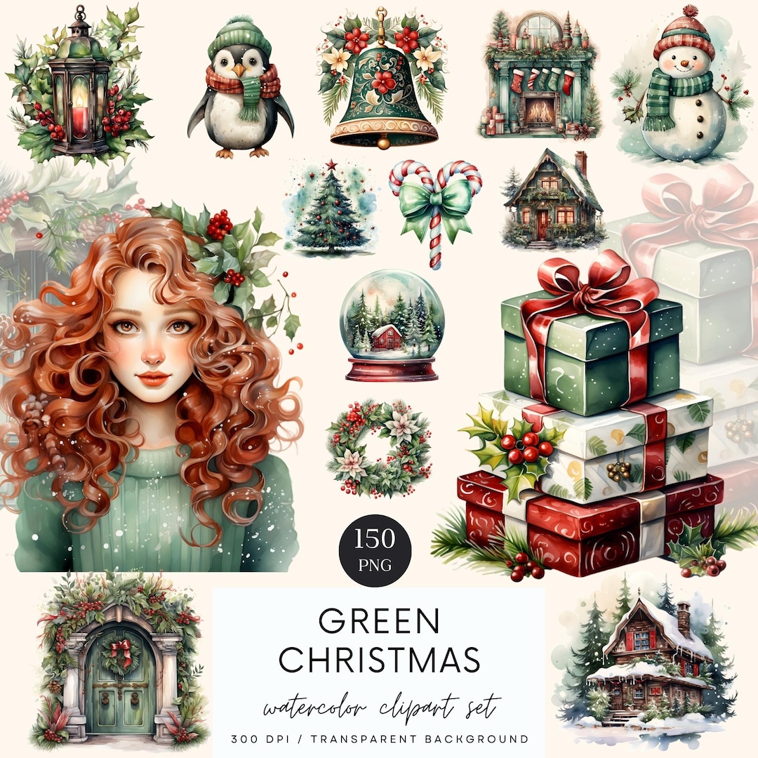 Green Christmas Watercolor Clipart: Festive Holiday PNG Graphics ...