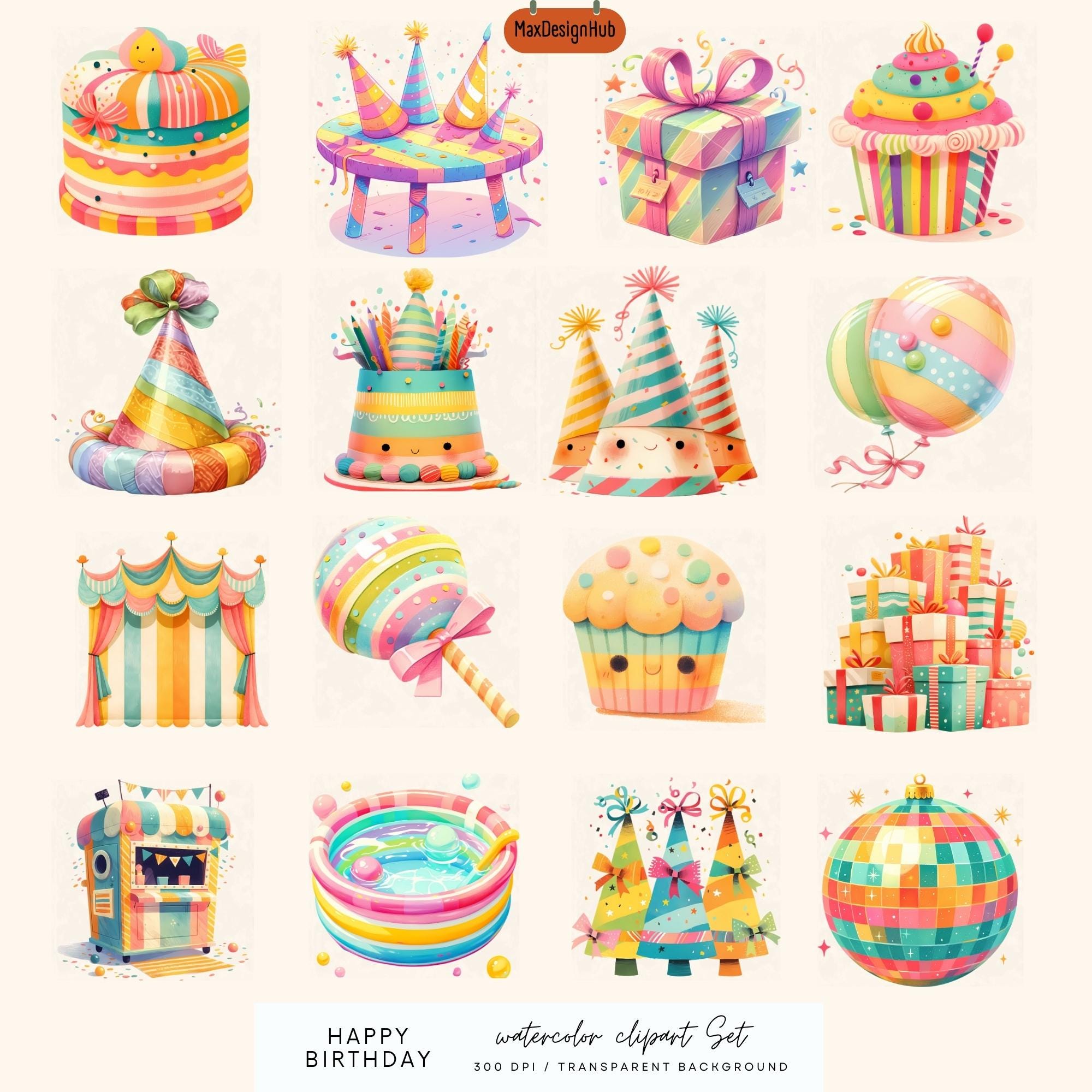 Happy Birthday Watercolor Clipart: Party Animals (PNG Download) - Etsy