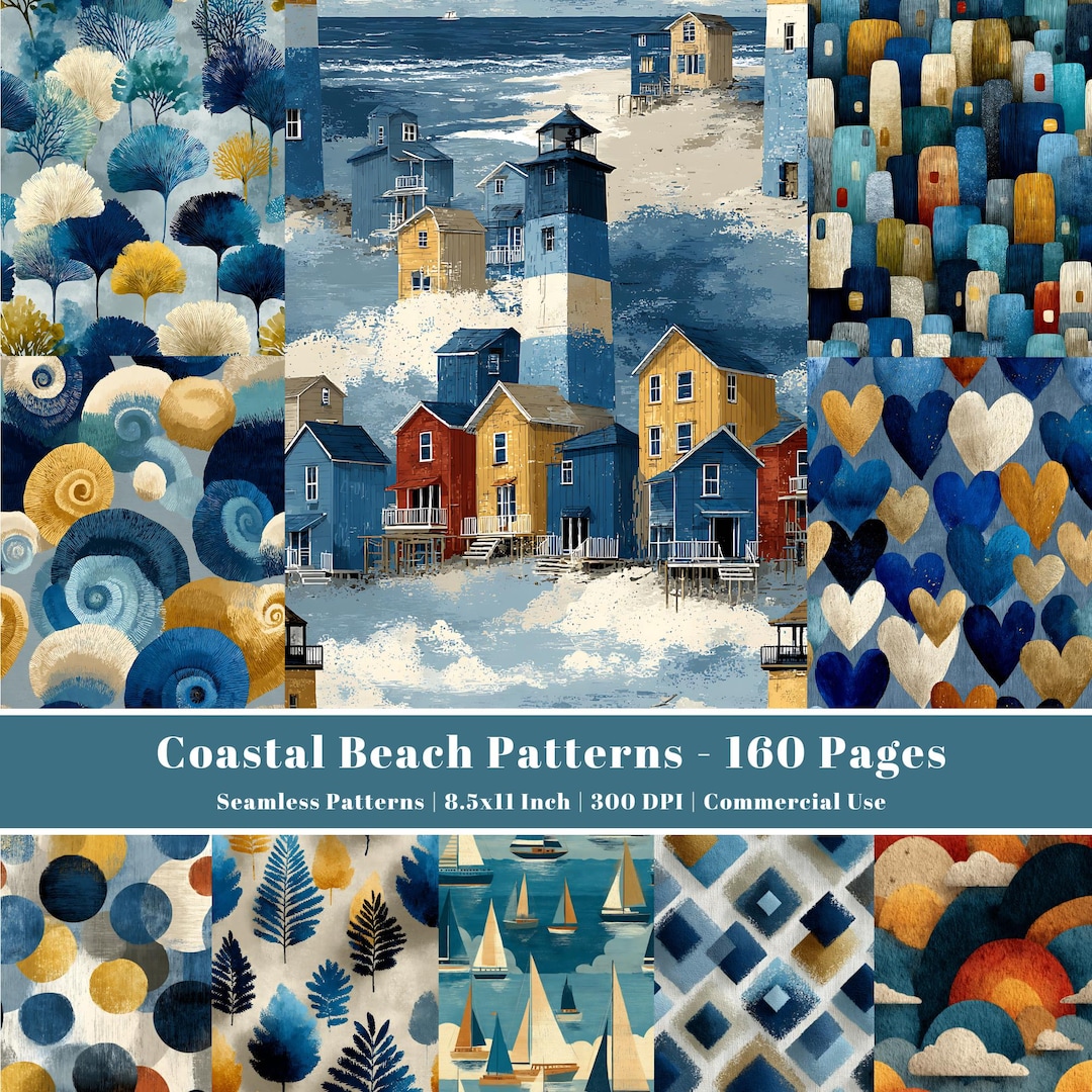 Coastal Beach Patterns, Blue & Gold Seamless Pattern Pack, Abstract ...