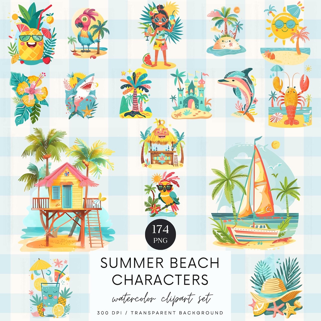 Summer Beach Watercolor Clipart: Sand, Sea, Travel (PNG Digital ...